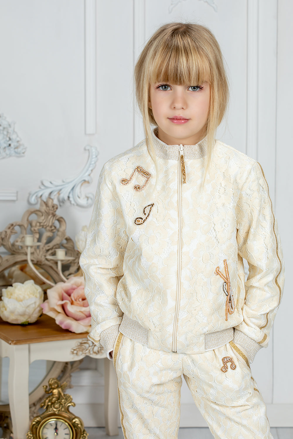 Ivory cotton lace tracksuit with handmade musical notes embellishments ...