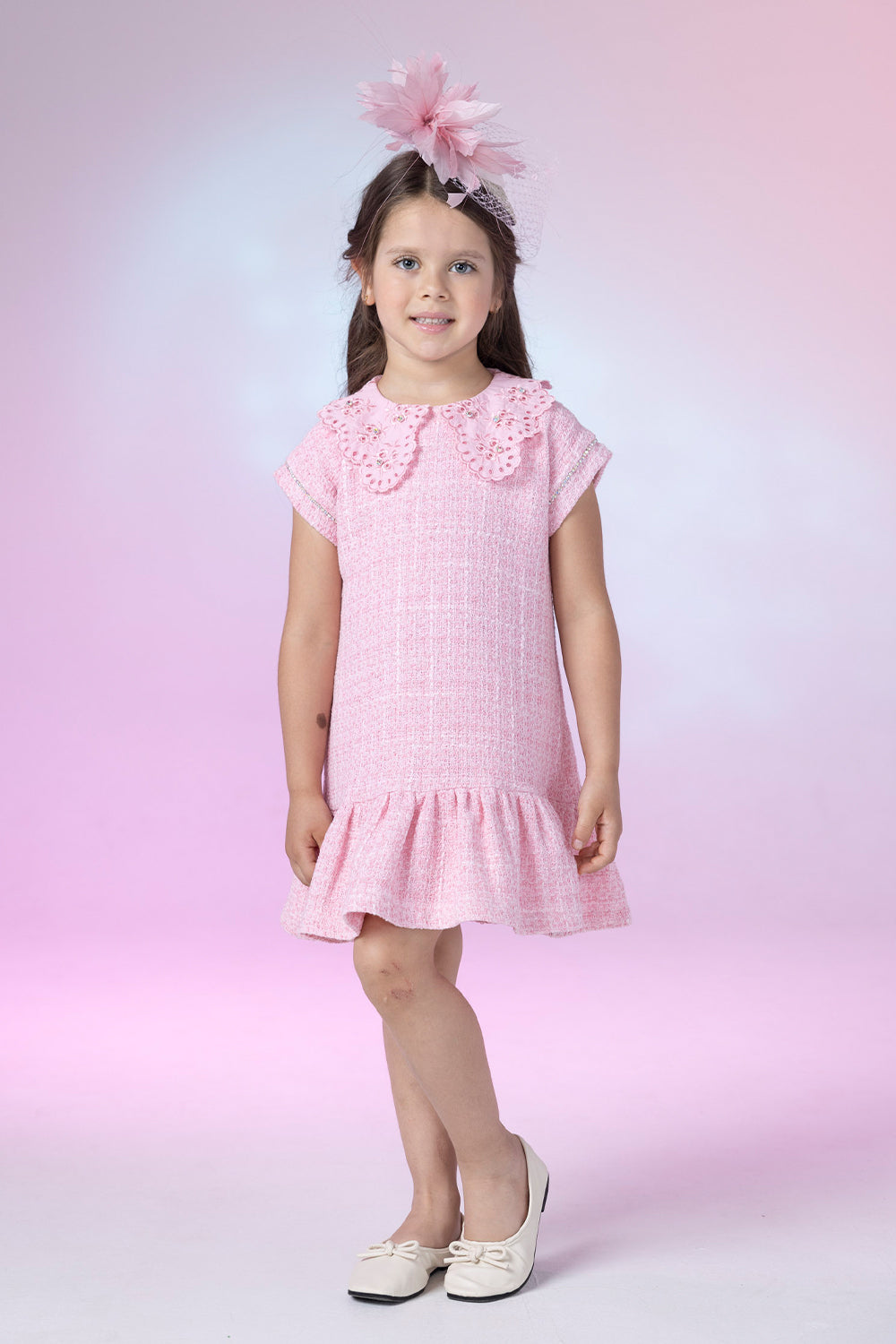 Pink cotton blend tweed dress with collar and sleeves hand-embellished ...